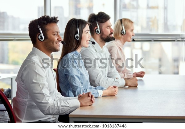 Side View Happy Multicultural Call Center Stock Photo 1018187446 ...