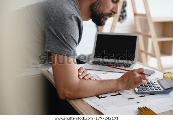 Side View Man Using Calculator Calculate Stock Photo 1797242191 ...