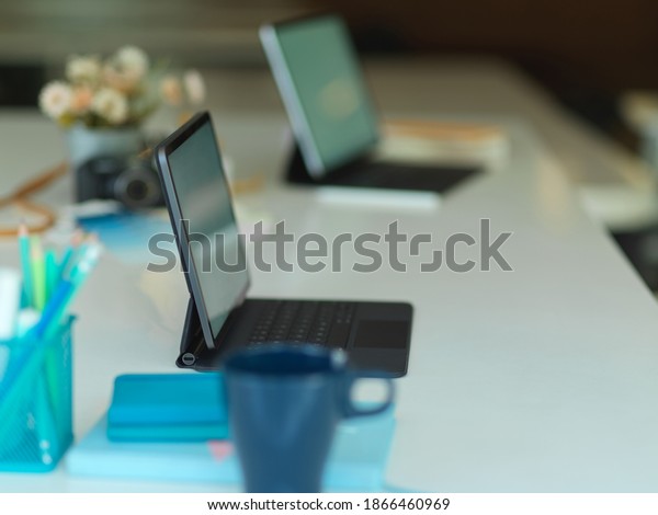 Side View Meeting Table Two Tablet Stock Photo 1866460969 | Shutterstock