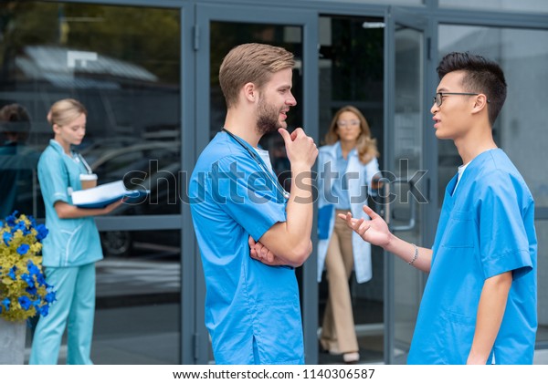 Side View Multicultural Students Talking Near Stock Photo 1140306587 ...