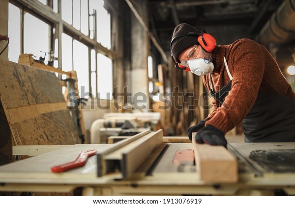 Side View Skilled Carpenter Protective Respirator Stock Photo ...