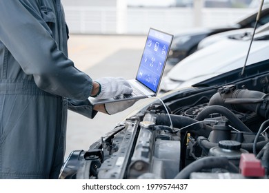 Skilled Mechanic Using Laptop Computer Check Stock Photo 1979574437 ...