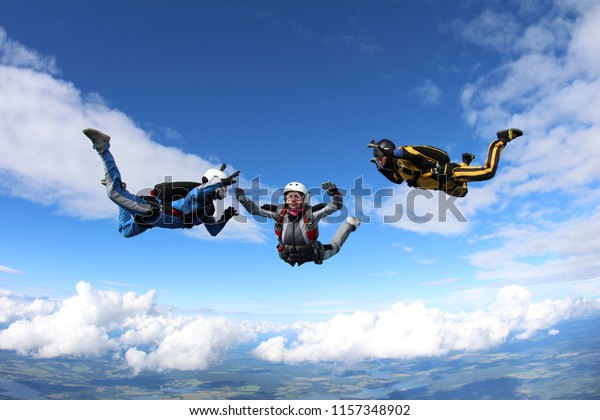 Skydiving Two Instructors Training Skydiverstudent Fly Stock Photo ...