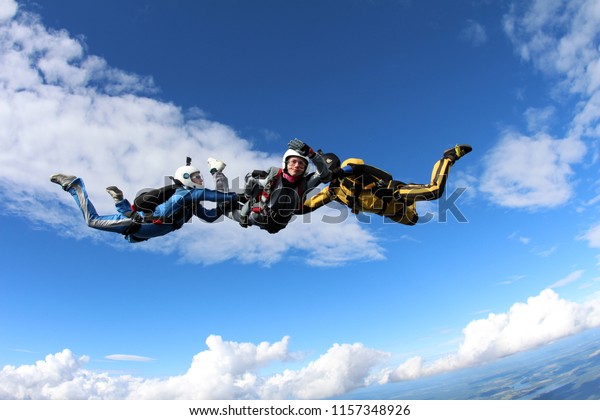 Skydiving Two Instructors Training Skydiverstudent Fly Stock Photo ...