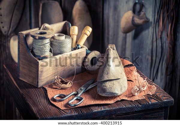 Small Cobbler Workplace Tools Leather Shoes Stock Photo (Edit Now ...