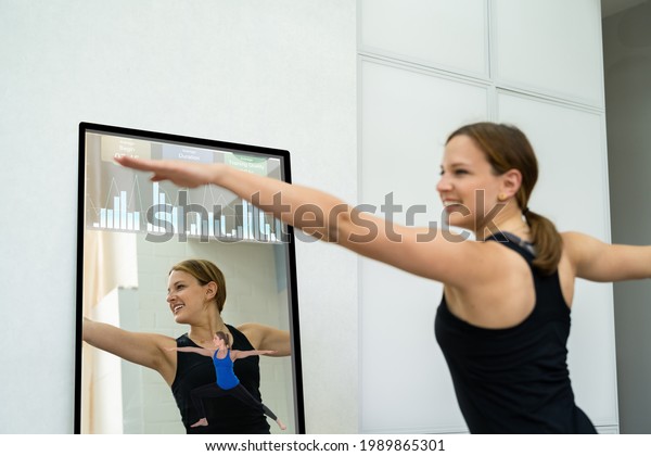 Smart Mirror Workout Exercise Class Women Stock Photo 1989865301 ...