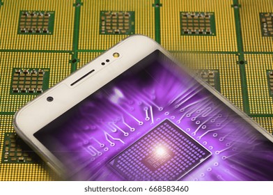 Smartphone On Aligned Computer Processors Cpu Stock Photo 668583460 ...