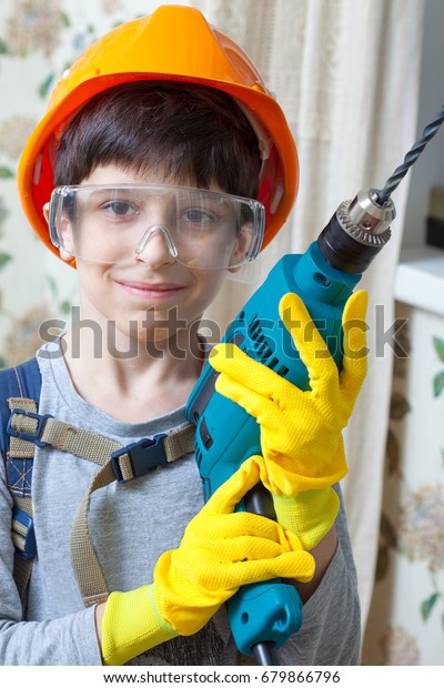 Smiling Boy Builder Goggles Drill His Stock Photo 679866796 | Shutterstock
