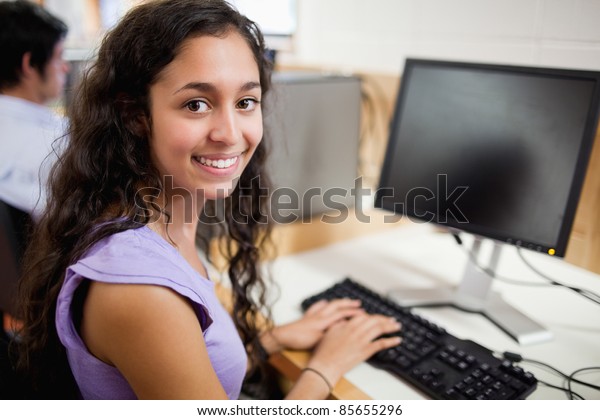 Smiling Brunette Student Posing Computer Room Stock Photo 85655296 ...