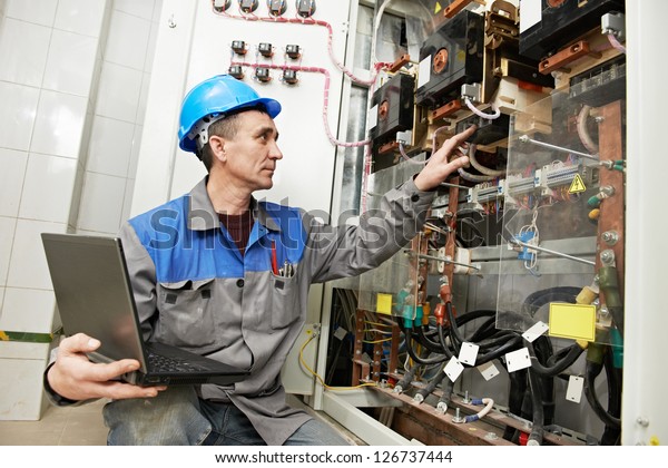 Smiling Electrician Work Checking Wire Drawing Stock Photo (Edit Now ...
