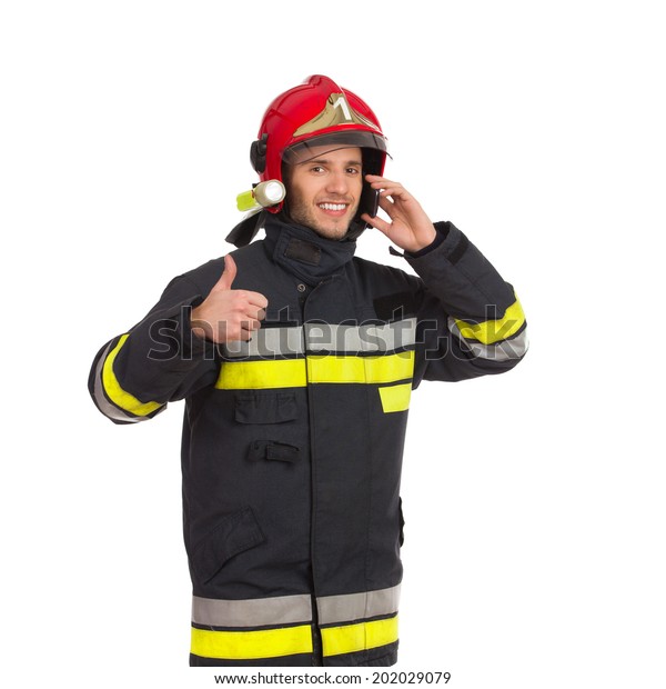 Smiling Fireman Using Cell Phone Showing Stock Photo 202029079 ...