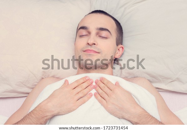 Smiling Guy Sleeping On Bed Portrait Stock Photo 1723731454 | Shutterstock