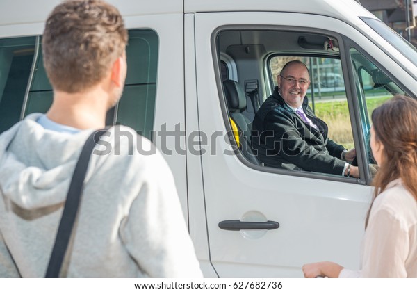 Smiling Professional Driver Van Looking Passengers Stock Photo ...