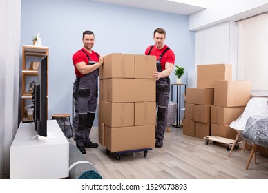 Smiling Professional Movers Uniform Stack Cardboard Stock Photo ...