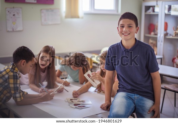 Smiling School Boy Classroom Looking Camera Stock Photo 1946801629 ...