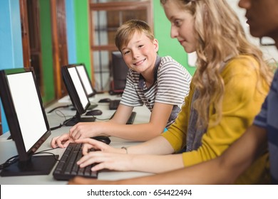Smiling Students Studying Computer Classroom School Stock Photo ...