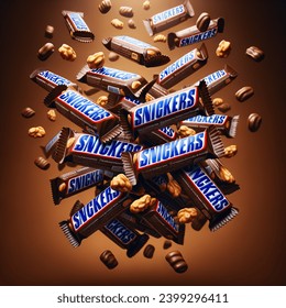 Snickers Bars Falling Brown Background AI-generated image 2399285001 ...