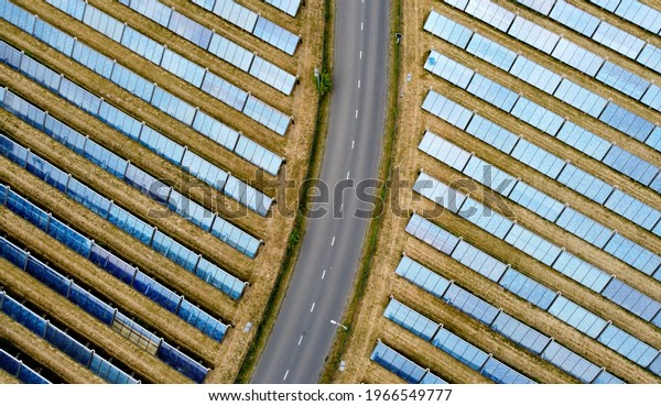 Solar Panel Field Road Between Stock Photo 1966549777 | Shutterstock