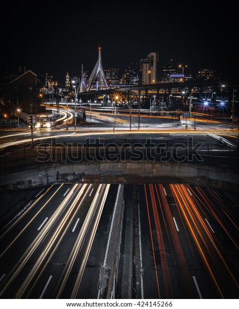 Speed Traffic at Dramatic Sundown Time - light trails on motorway ...