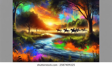 Splatter Paint Vector-style Image Sunset Horses AI-generated image ...