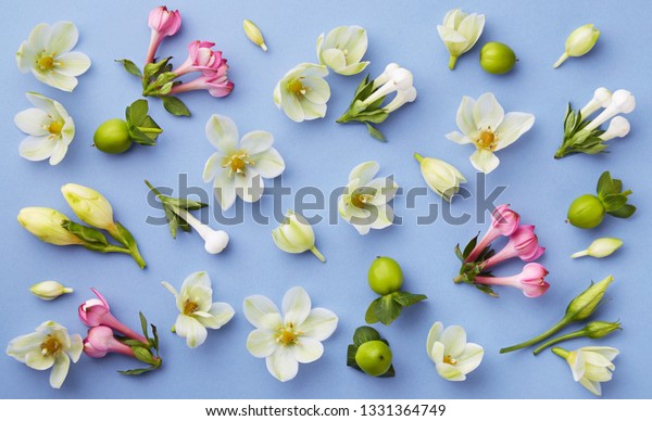 Spring Flowers Pattern Background On Blue Stock Photo 1331364749 ...