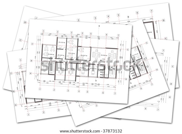 Stack Architectural Plans On White Background Stock Photo 37873132 ...