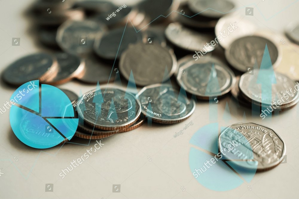 Stack coin with graph Pie chart market share competition and arrow ...