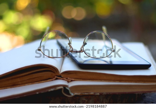 Stack Open Books Ereader Reading Glasses Stock Photo 2198184887 ... Stack Open Books Ereader Reading Glasses Stock Photo 2198184887 ...