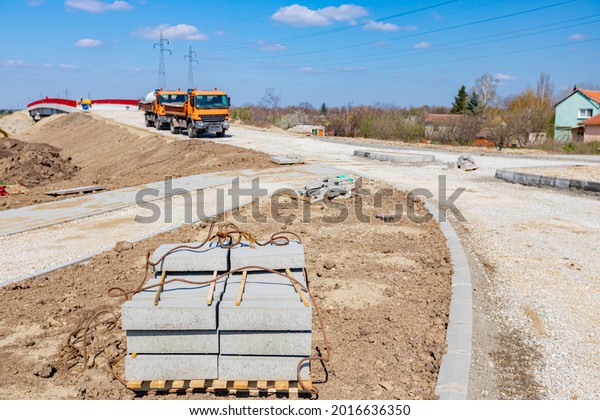 Stack Packed Border Stones Asphalt Road Stock Photo 2016636350 ...