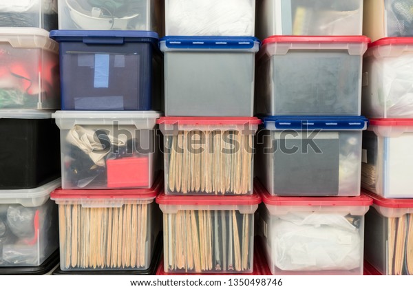 Stacked Plastic File Storage Boxes Folders Stock Photo 1350498746 ...