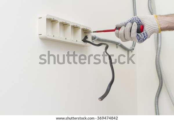 Start Installation Overhead Electrical Outlets Hands Stock Photo ...