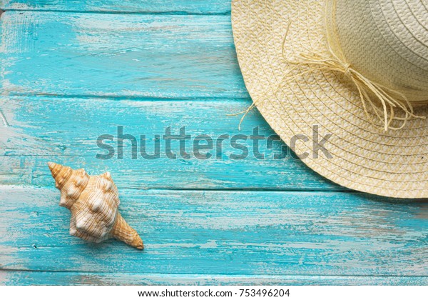 Straw Hat Seashell On Painted Blue Stock Photo 753496204 | Shutterstock