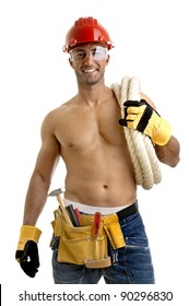 Strong Build Construction Worker Isolated White Stock Photo 90296854 ...
