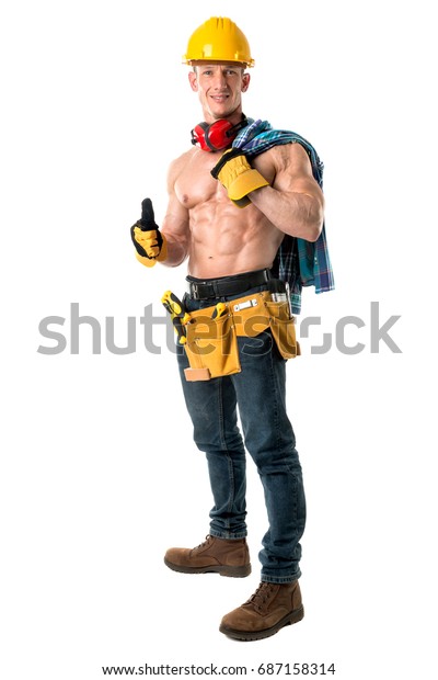 Strong Build Construction Worker Isolated White Stock Photo 687158314 ...