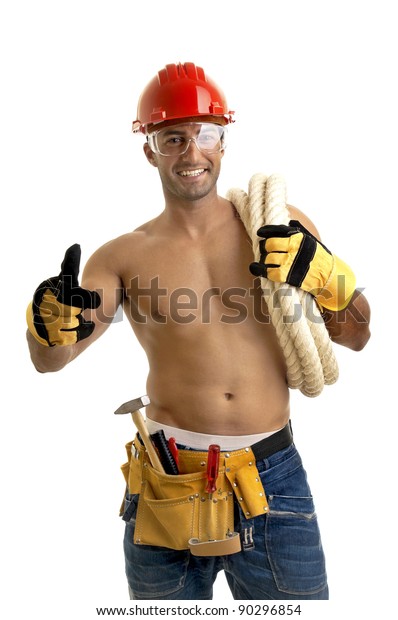 Strong Build Construction Worker Isolated White Stock Photo 90296854 ...