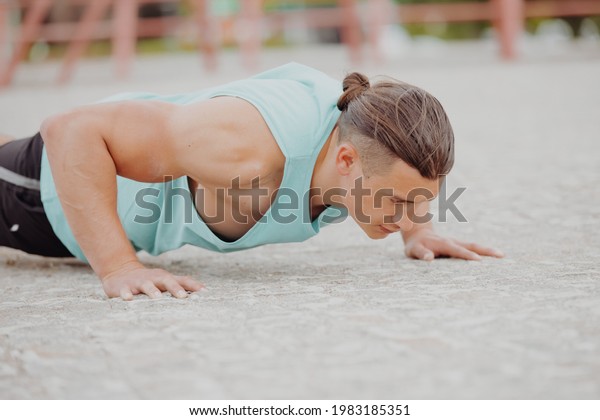 Strong Man Doing Pushups Exercise Outdoors Stock Photo 1983185351 ...
