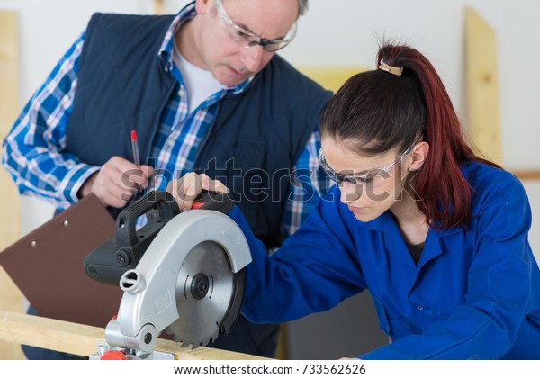 Student Teacher Carpentry Class Using Circular Stock Photo 733562626 ...