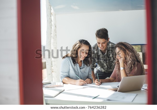 Students Doing Homework Together Looking Happy Stock Photo 764236282 ...