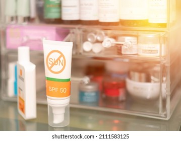 Sunscreen Packaging On Table Cosmetics Stock Photo 2111583125 ...