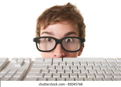 Surprised Nerd Hides Behind Computer Keyboard Stock Photo 85045768 ...