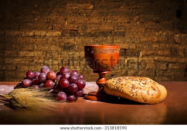 Table Bread Wine Wheat Grapes Consecration Stock Photo (Edit Now) 313818590