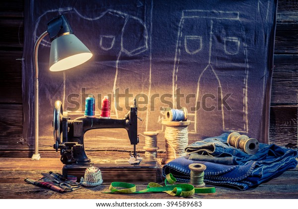 Tailor Workshop Sewing Machine Cloth Scissors Stock Photo 394589683 ...