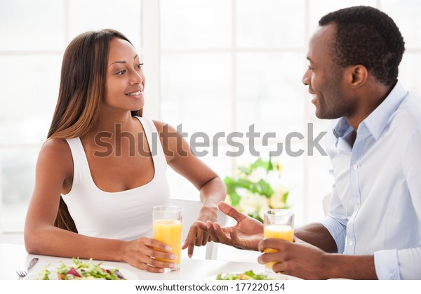 Talking Breakfast Table Beautiful Young African Stock Photo 177220154 ...