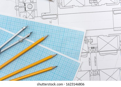 7 Technical drawing, graph paper and tools. engineer office team ...