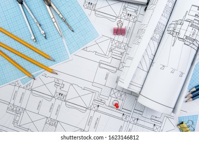 7 Technical drawing, graph paper and tools. engineer office team ...
