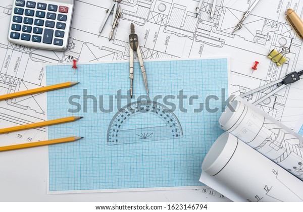 7 Technical drawing, graph paper and tools. engineer office team ...