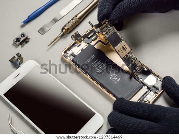 Technician Engineer Disassembling Components Broken Smartphone Stock ...