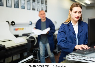 Technician Female Operator Calibrating Plotter Machine Stock Photo ...