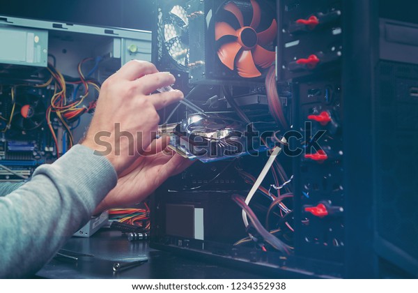 Technician Repairing Computer Process Replacing Components Stock Photo ...