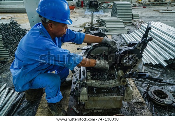 Technician Using Machine Tapping Joint Sprinkle Stock Photo (Edit Now ...